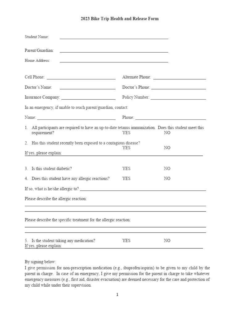 8th Grade Bike Trip Release Form | PDF | Allergy | Emergency