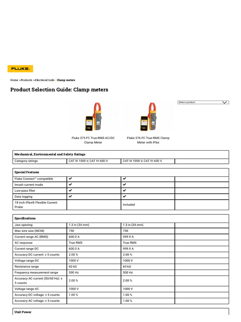 Product Selection Guide Clamp Meters Fluke Pdf Alternating Current Power Physics