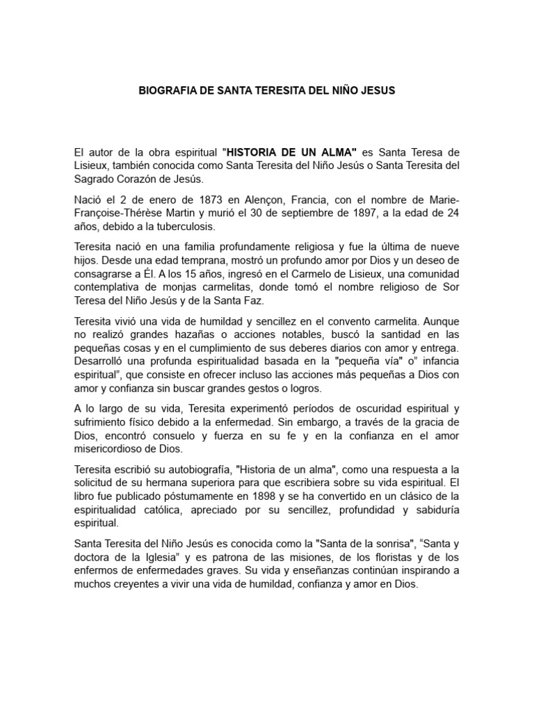Biografia de Santa Teresita Del Niño Jesus | PDF | Creencia religiosa y ...
