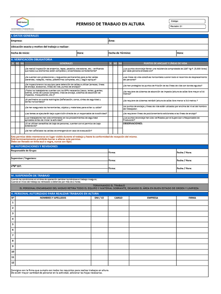ML2 CJV SST FR 014 Permiso Trab Altura Rev01 | PDF