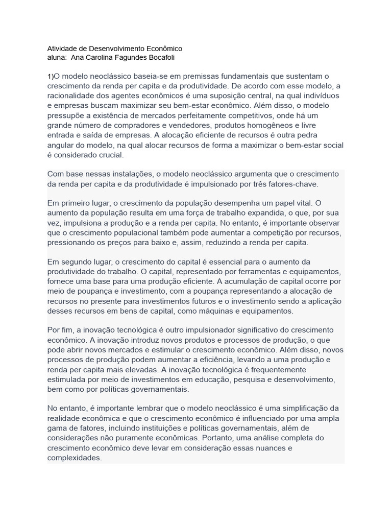 Atividade De Desenvolvimento Econômico Pdf Economia Crescimento