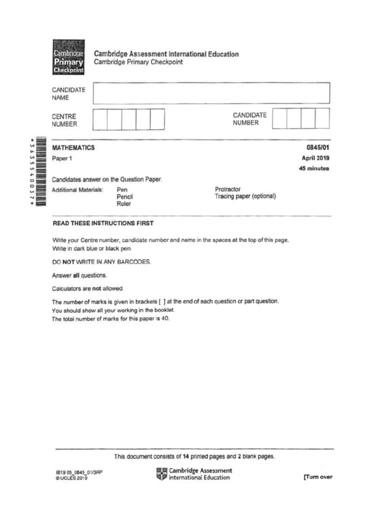 Cambridge Primary Checkpoint - Mathematics (0845) April 2019 Paper 1 | PDF