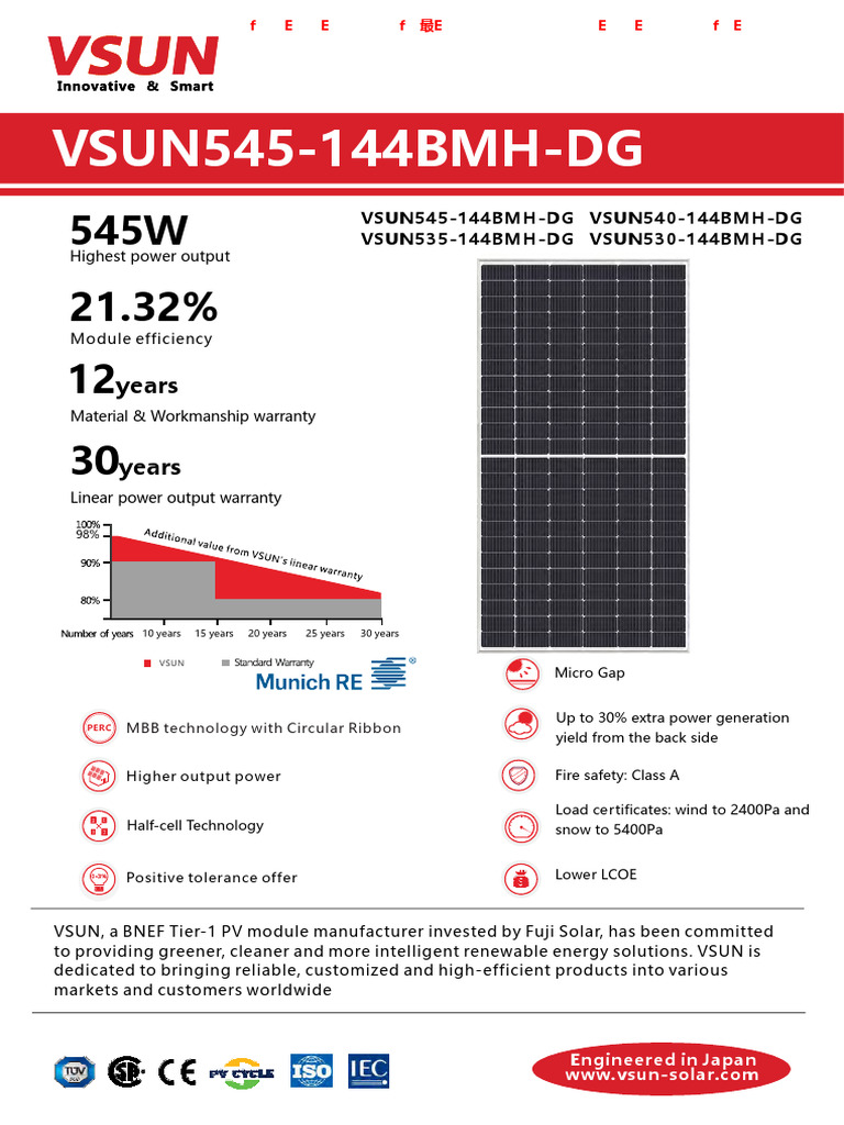 VSUN 545W Bifacial Solar Panel Specs | PDF | Solar Panel | Materials