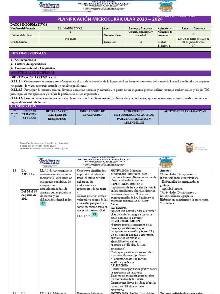 Planificación 8vo Lengua Sem 10-11-12-13 | PDF | Aprendizaje | Evaluación