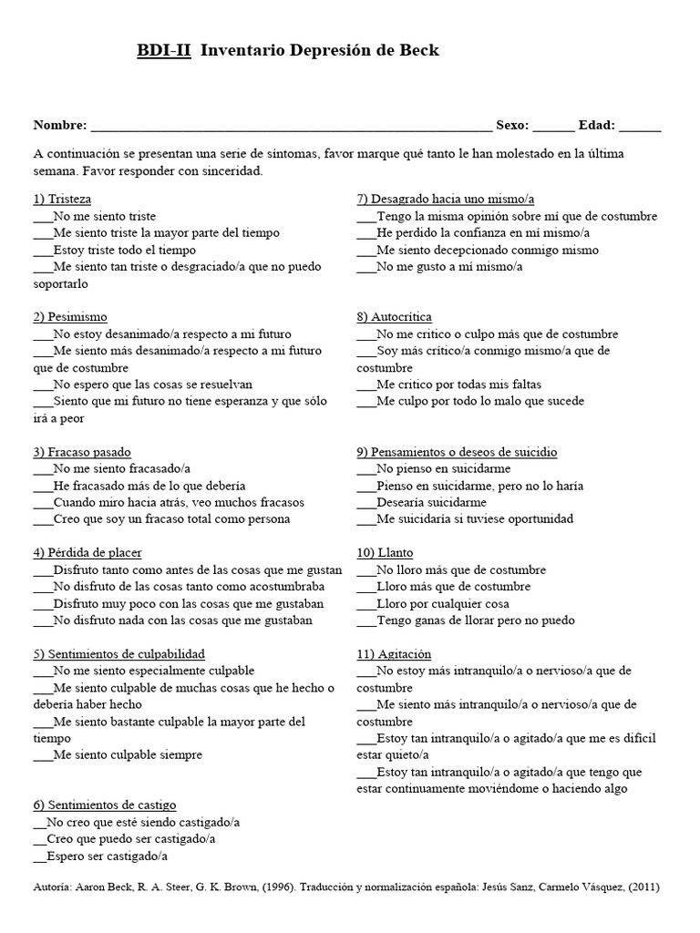 BDI-II-DEPRESION DE BECK | PDF | Depresión (estado de ánimo)