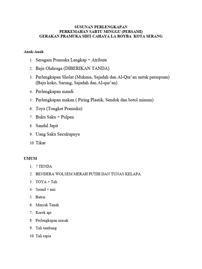 Susunan Perlengkapan Persami | PDF