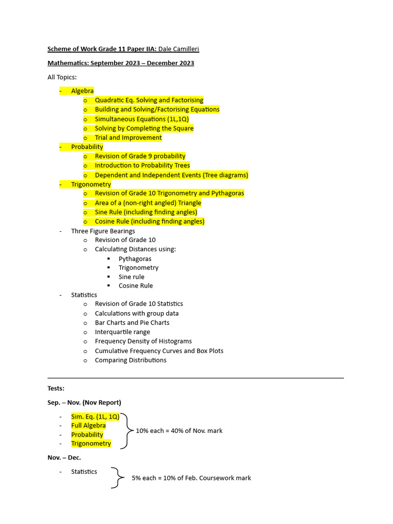 Scheme of Work Grade 11 Paper IIA | PDF | Trigonometry | Mathematical ...