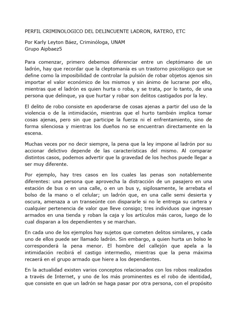 Perfil Criminologico Del Delincuente Ladron | PDF | Robo | Crímenes
