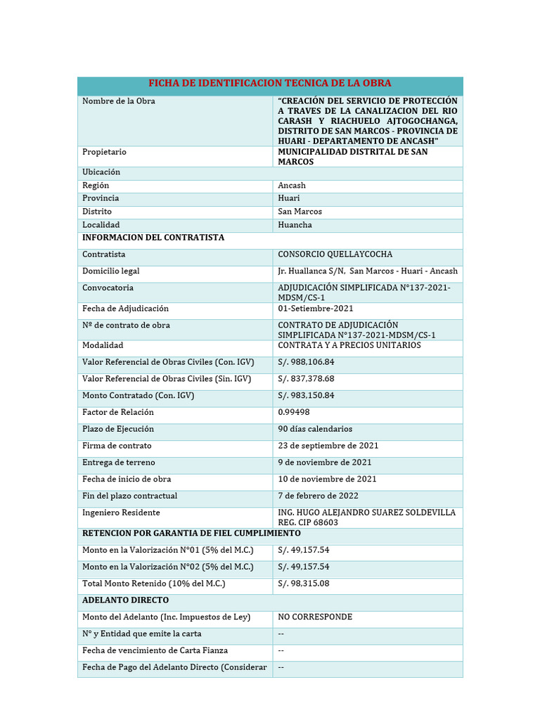 Ficha de Identificacion de Obra | PDF