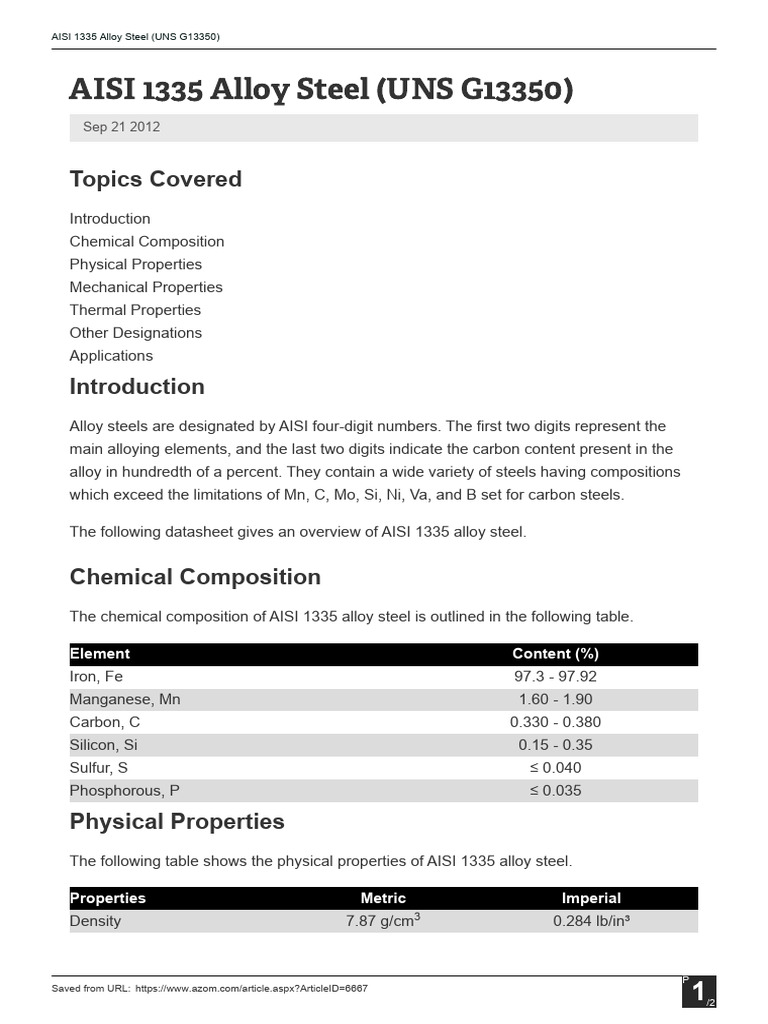 Aisi 1335 Alloy Steel (Uns g13350) | PDF | Steel | Alloy