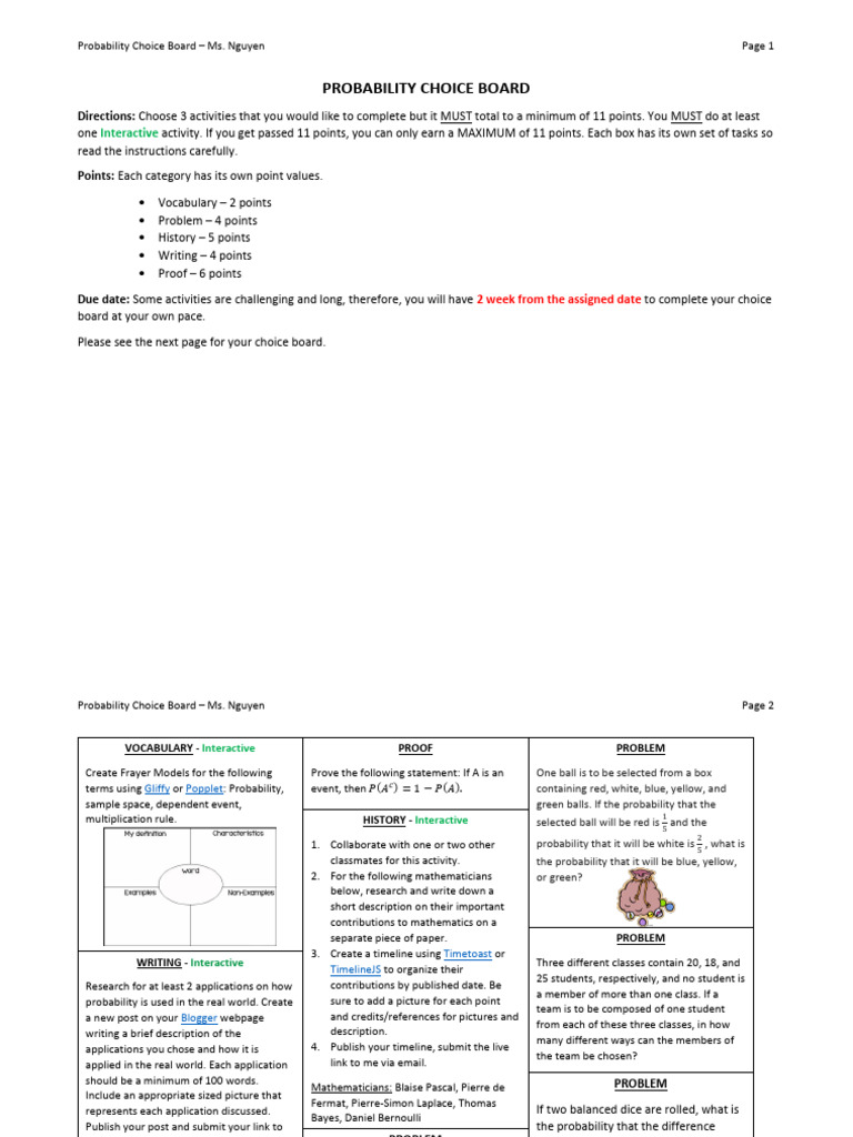 Probability Choice Board Activities Guide | PDF | Probability ...