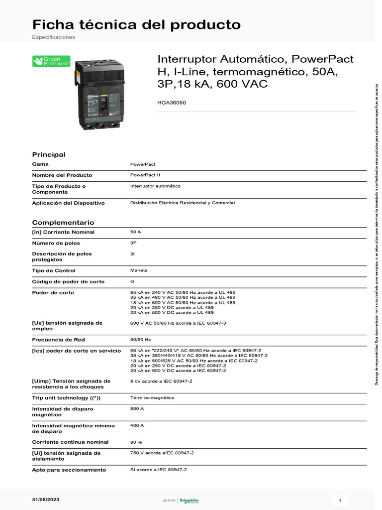 Interruptores en Caja Moldeada PowerPact Marco H - HGA36050 | PDF ...