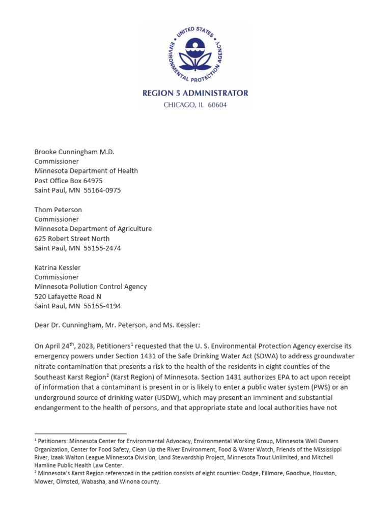 Letter to Minnesota | PDF | Clean Water Act | Drinking Water