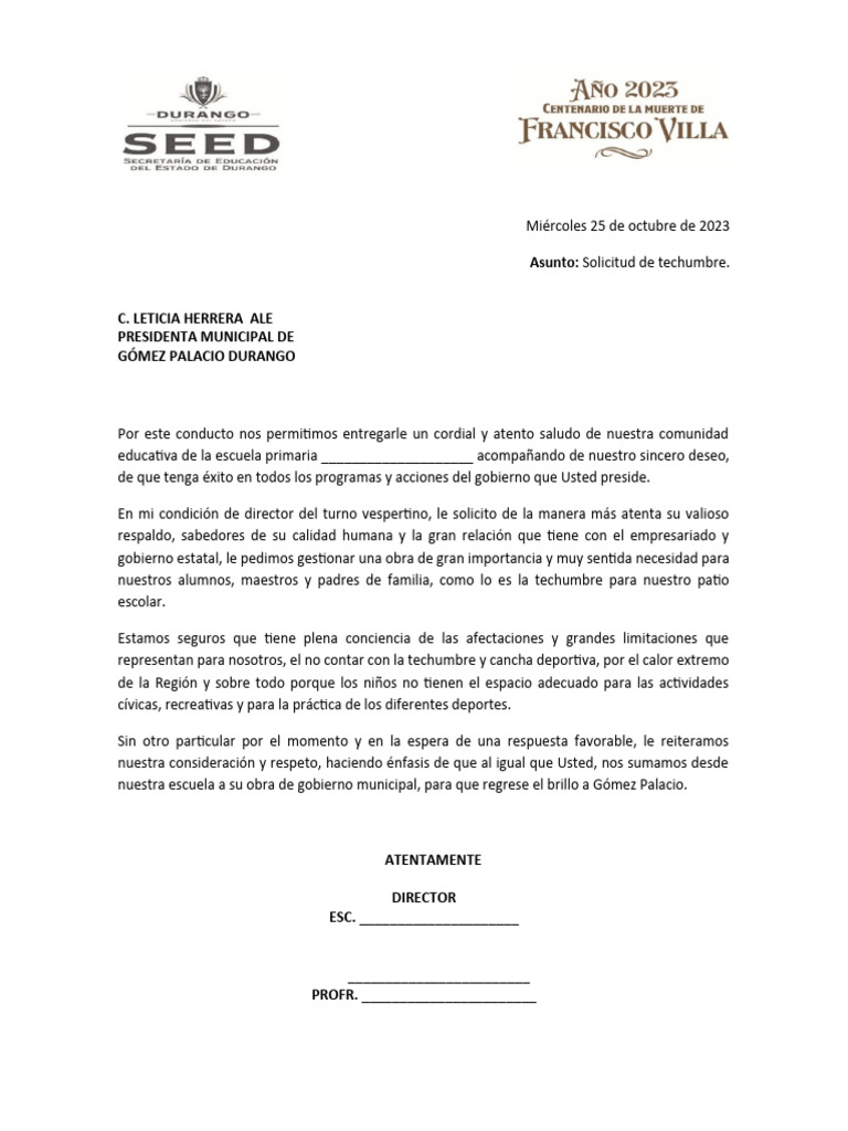 Oficio de Solicitud de Techumbre | PDF