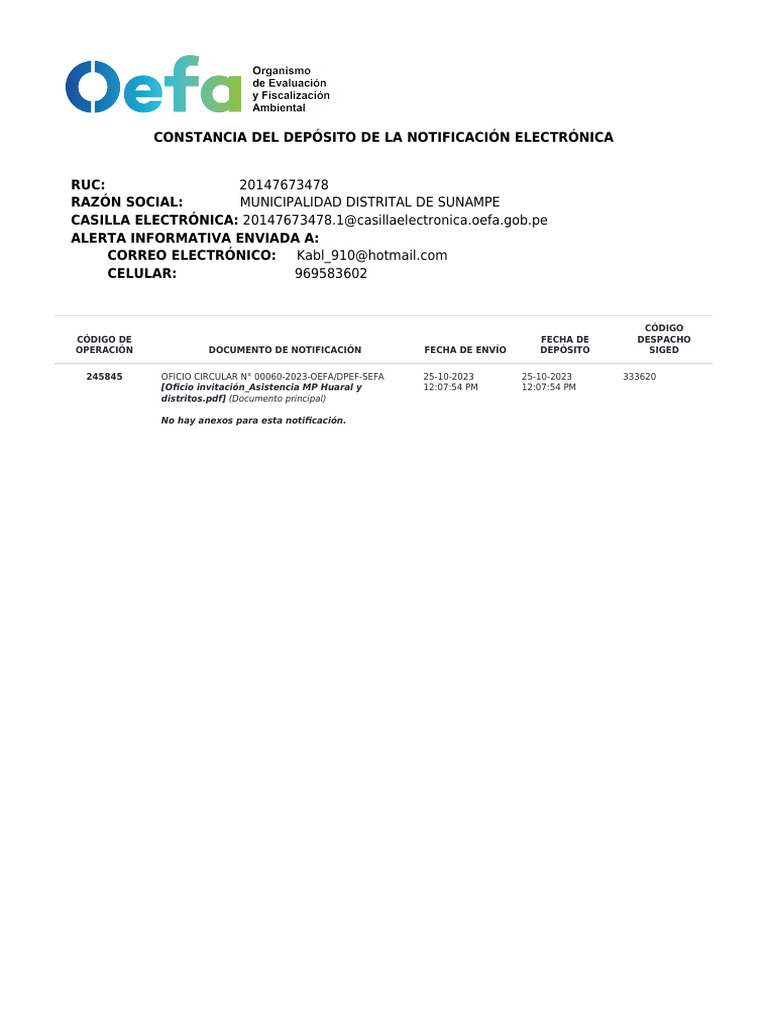 Const OFICIO CIRCULAR N 00060 2023 OEFA DPEF SEFA | PDF