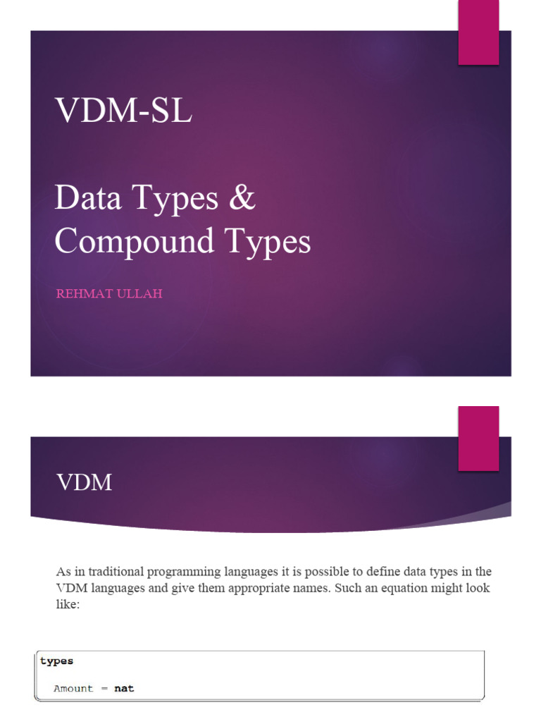 VDM-SL Data & Compund Type | PDF | Data Type | Mathematical Concepts VDM-SL Data & Compund Type | PDF | Data Type | Mathematical Concepts