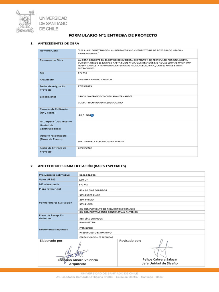 Ficha de Proyecto Construccion Cubierta Edificio Vicerrector a De | PDF