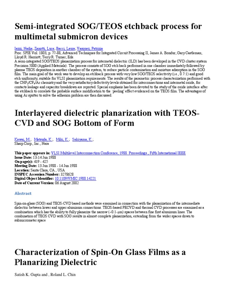 Semi-Integrated SOG/TEOS Etchback Process For Multimetal Submicron ...