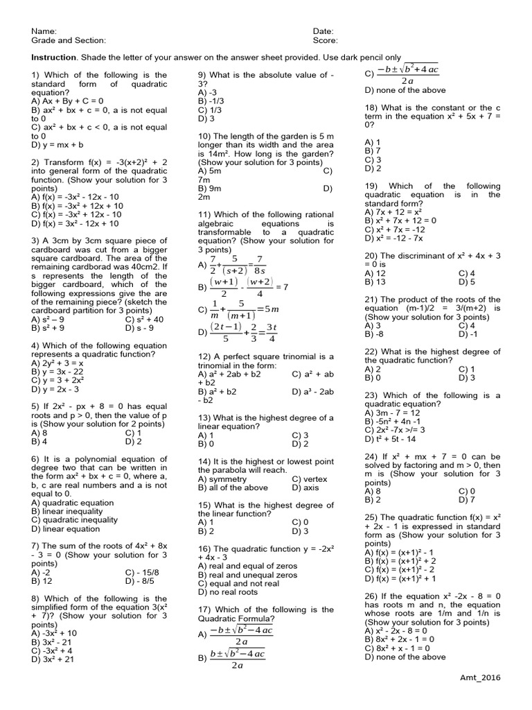 First Periodical Exam in Mathematics 9 | PDF | Quadratic Equation ...
