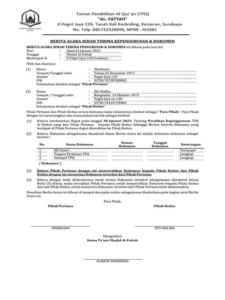 Berita Acara Serah Terima TPQ | PDF