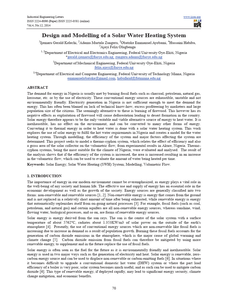 Design and Modelling of A Solar Water Heating System: Gerald - Ijemaru@fuoye - Edu.ng, Zungeru ...