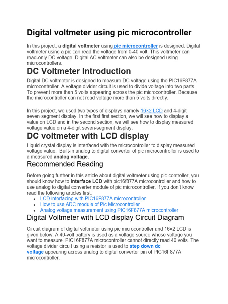 Digital Voltmeter Using Pic Microcontroller | PDF | Analog To Digital Converter | Voltage