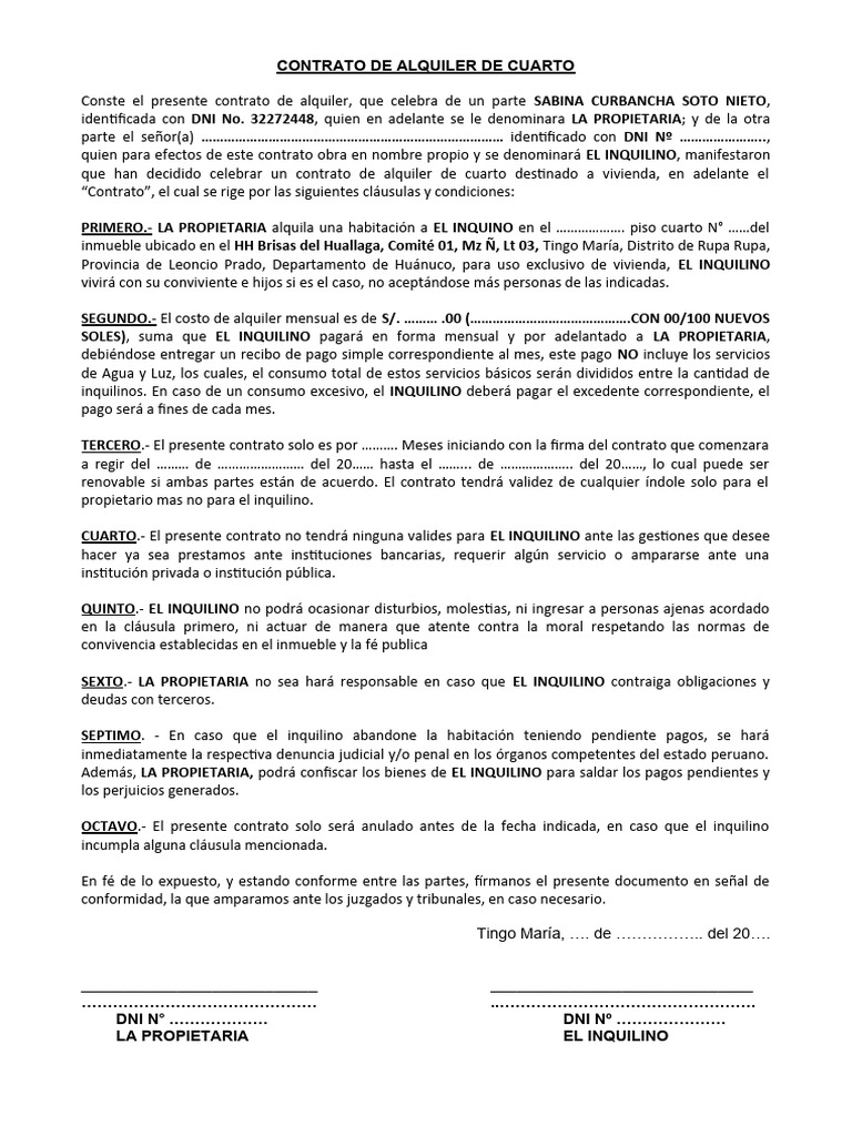 Contrato de Alquiler de Cuartos | PDF