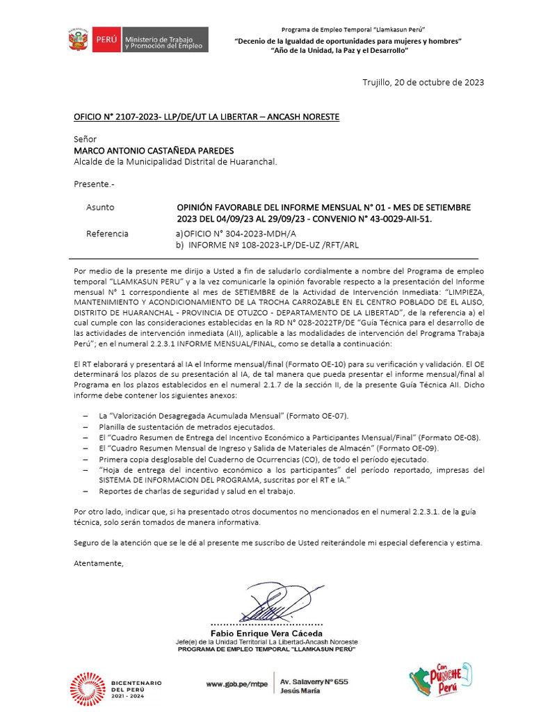 Oficio #2107-2023 Confor. Valo Set - Huaranchal | PDF | Finanzas y dinero