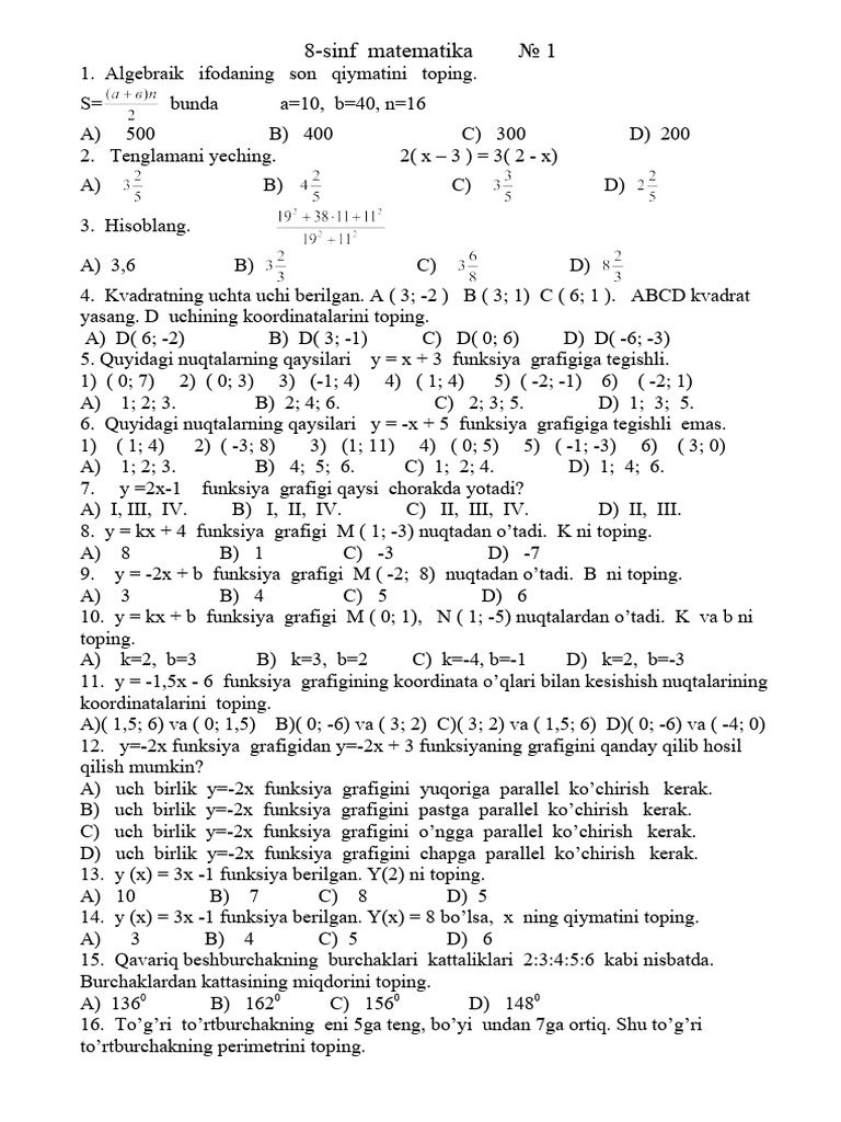 8 Sinf Mate Testlar 1 | PDF
