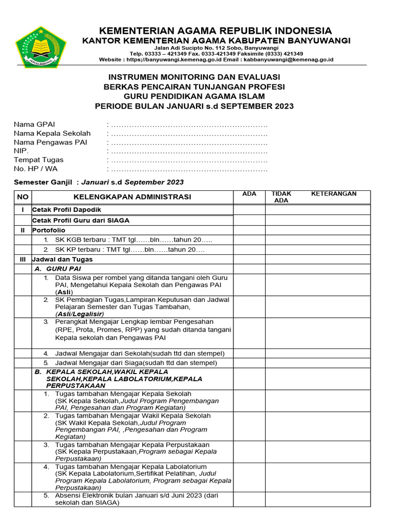 Checklist Monev TPG 2023 | PDF