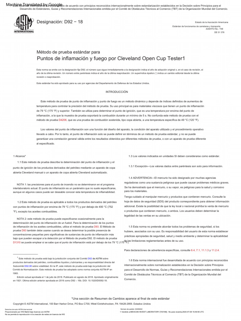 ASTM - D92 - 18 Punto de Inflamacion Copa Abierta Cleveland | PDF | Solvente | Combustión