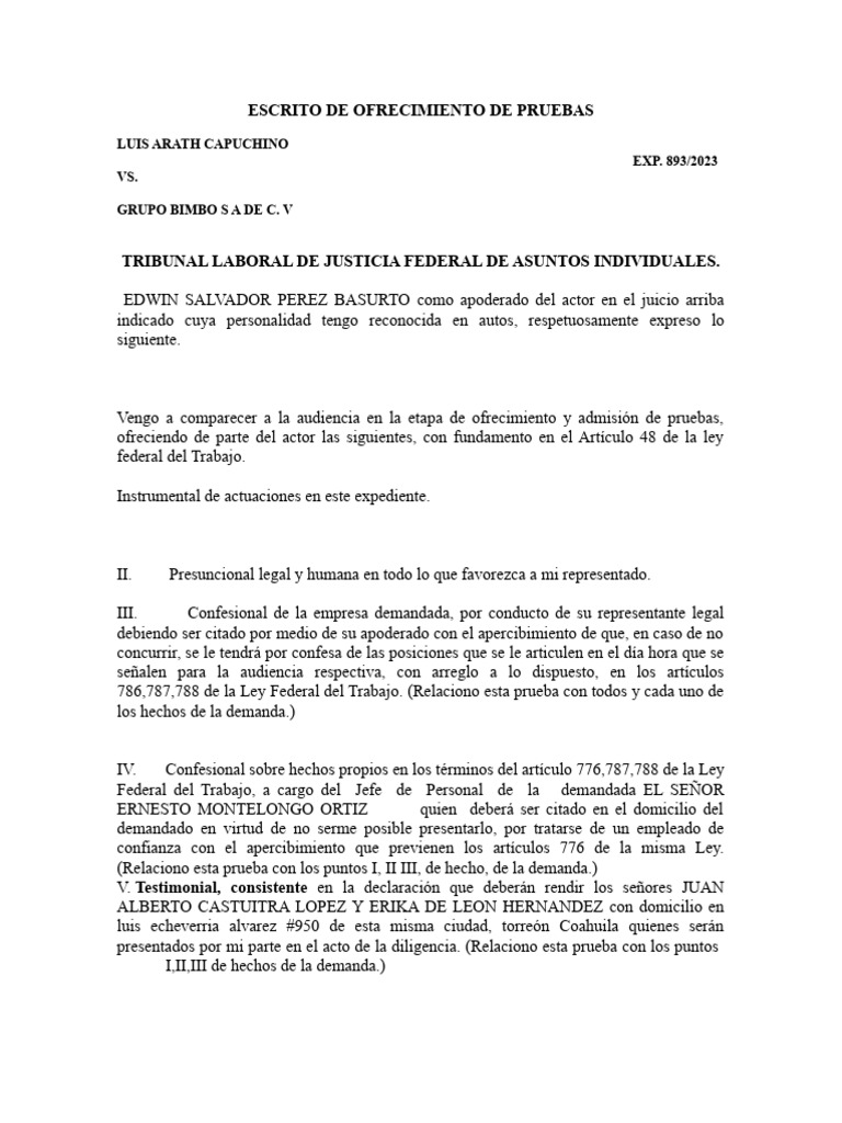 Escrito de Ofrecimiento de Pruebas Edwin Basurto | PDF Escrito de Ofrecimiento de Pruebas Edwin Basurto | PDF