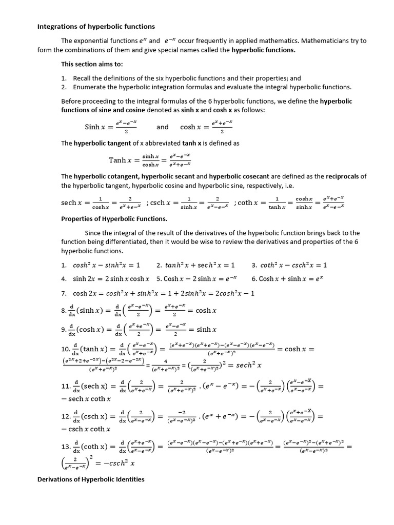 Integrations Of Hyperbolic Functions Pdf Trigonometric Functions Subtraction