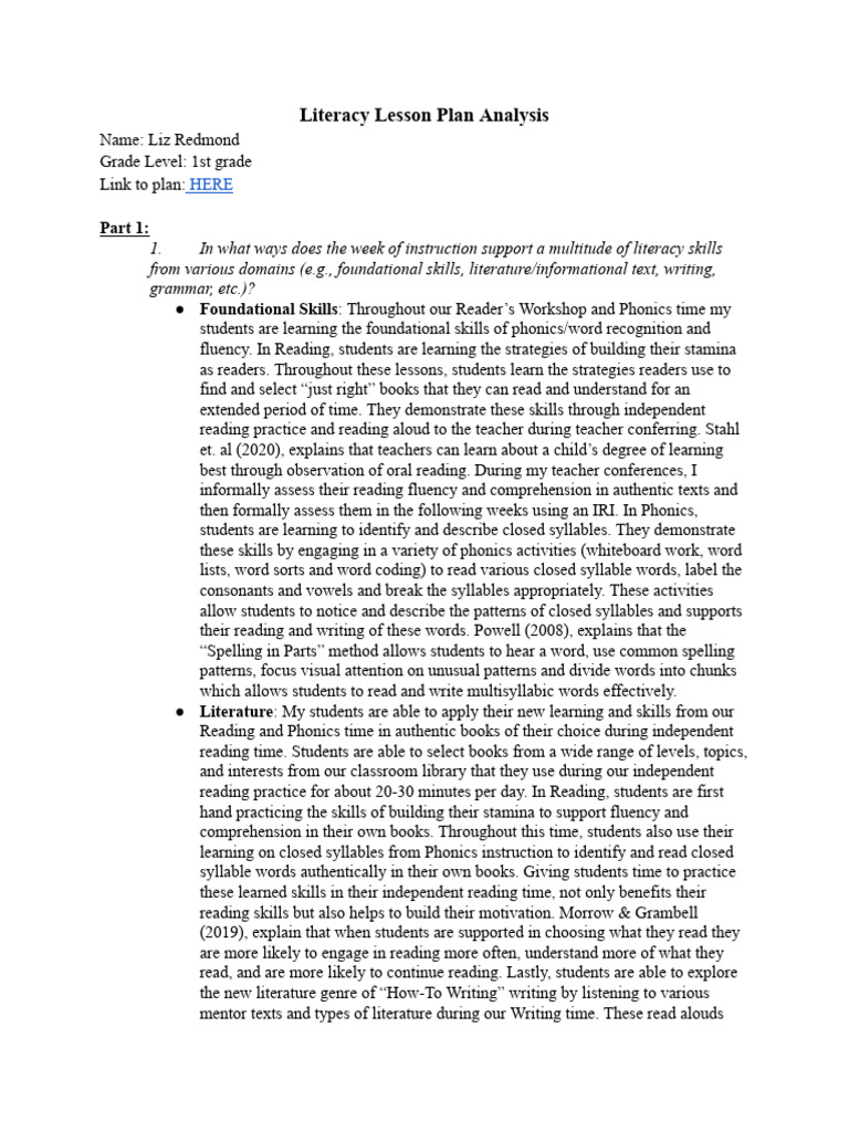 Liz Redmond Literacy Lesson Plan Analysis | PDF | Phonics | Reading ...