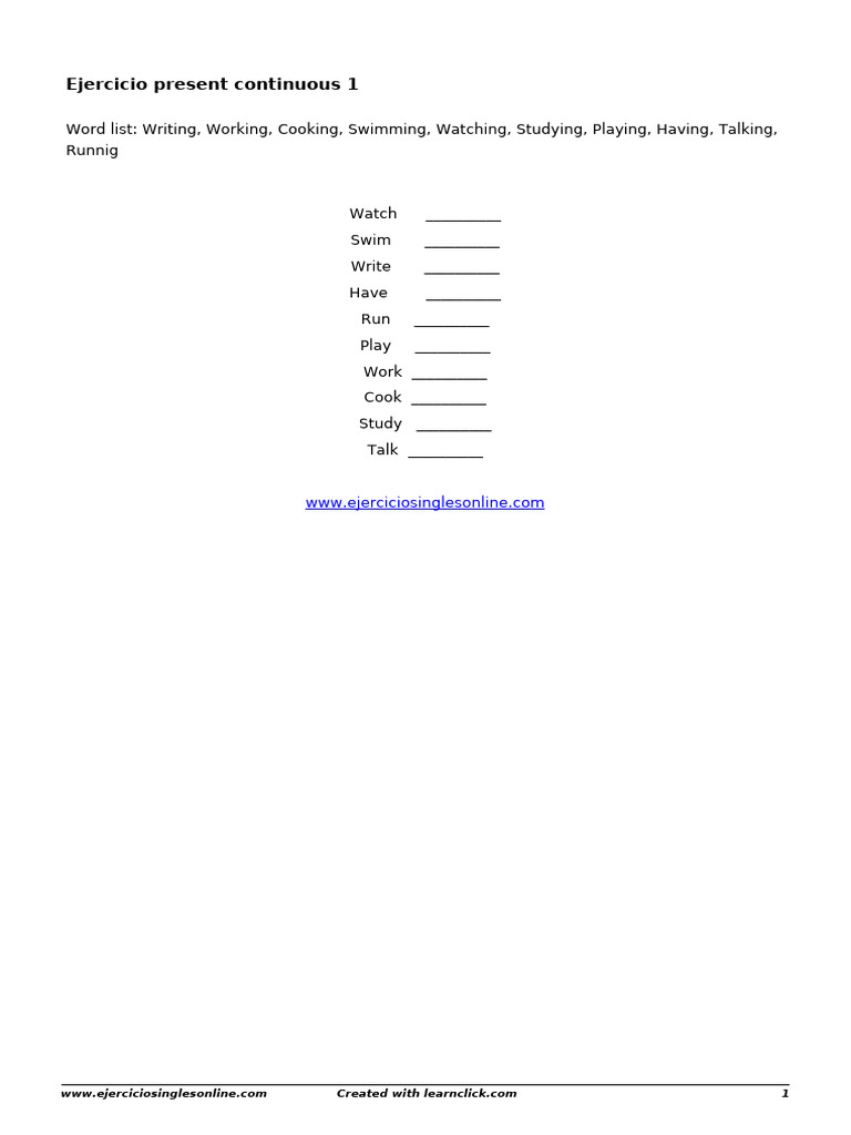 Presente Continuo - Ejercicio 1 | PDF