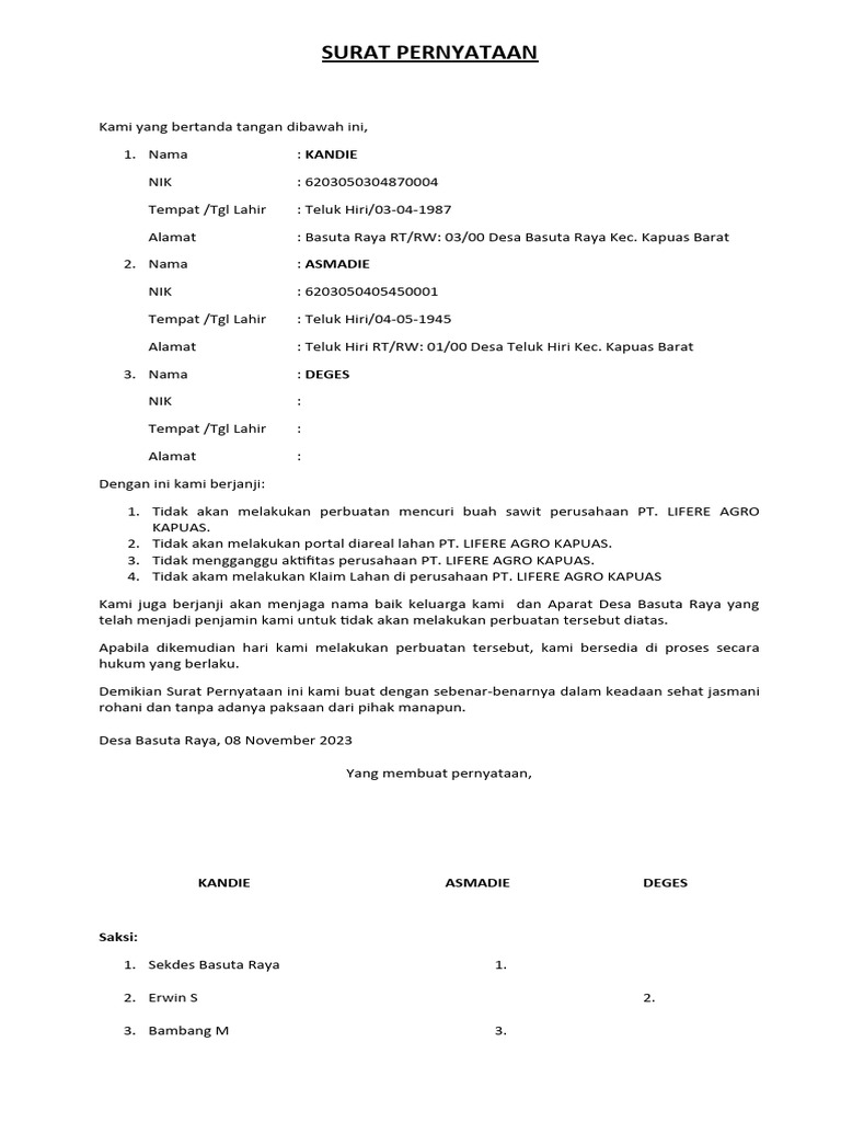 Surat Pernyataan Tidak Mencuri Sawit | PDF
