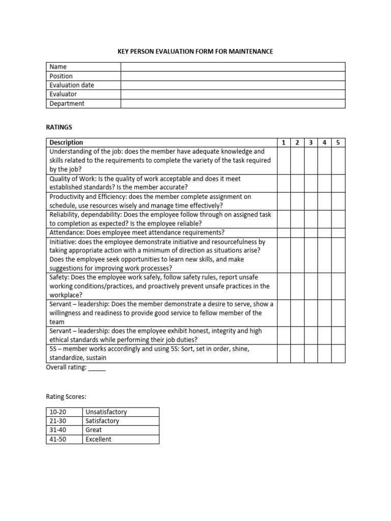 Key Person Evaluation Form For Maintenance | PDF
