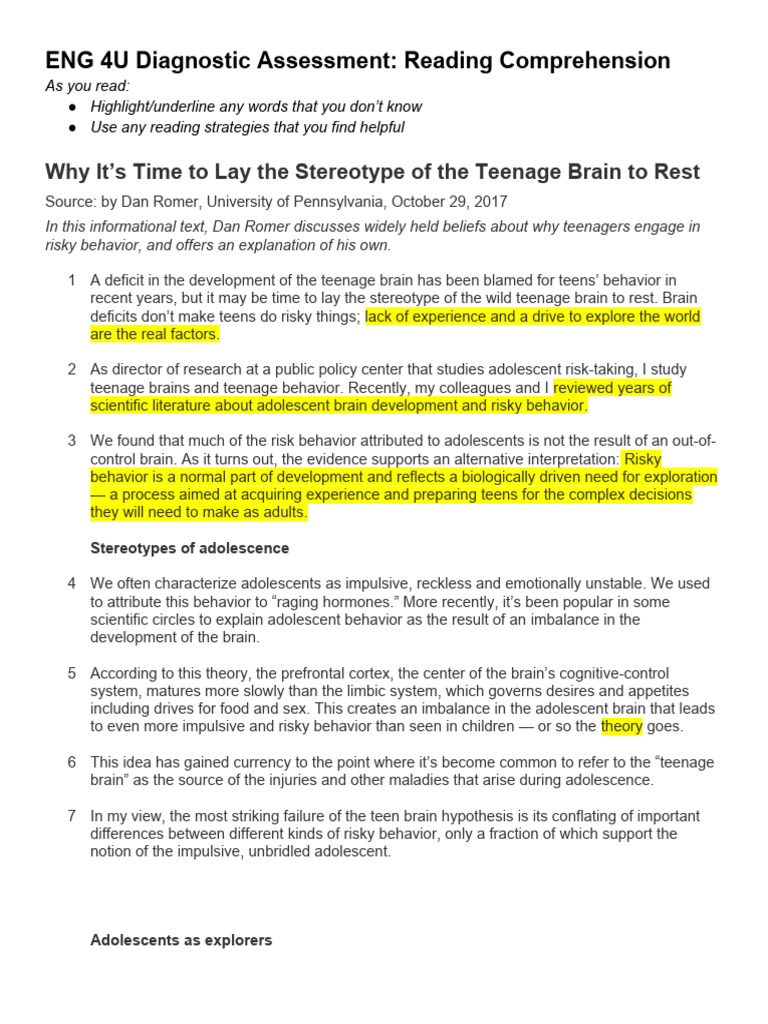 Sam Tolo - 4U Reading (Diagnostic) | PDF | Adolescence | Impulsivity