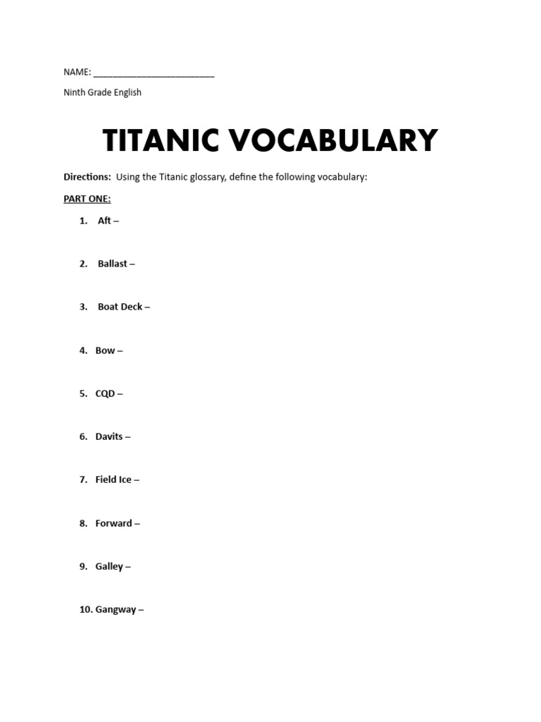 Titanic Vocabulary Worksheet | PDF | Stern | Ships