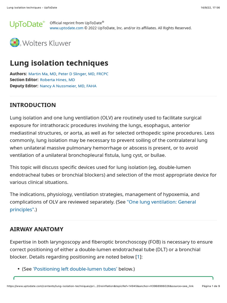 Lung Isolation Techniques - UpToDate | Download Free PDF | Clinical ...