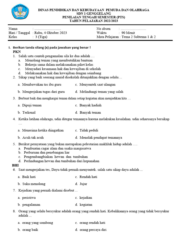 Soal PTS Kelas 3 Tema 2 Sub 1&2 | PDF | Griya & Taman