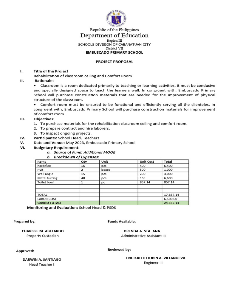 May Project Proposal for Improvement of Makeshift Classroom and Comfort ...