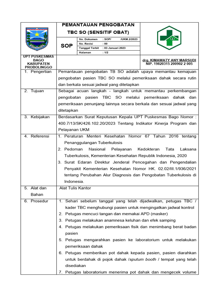 Sop Pemantauan Pengobatan TBC So | PDF | Pengembangan Diri | Sains & Matematika