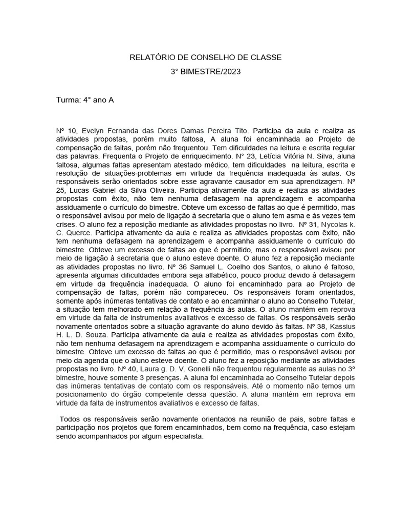 Relatório de Conselho de Classe | PDF