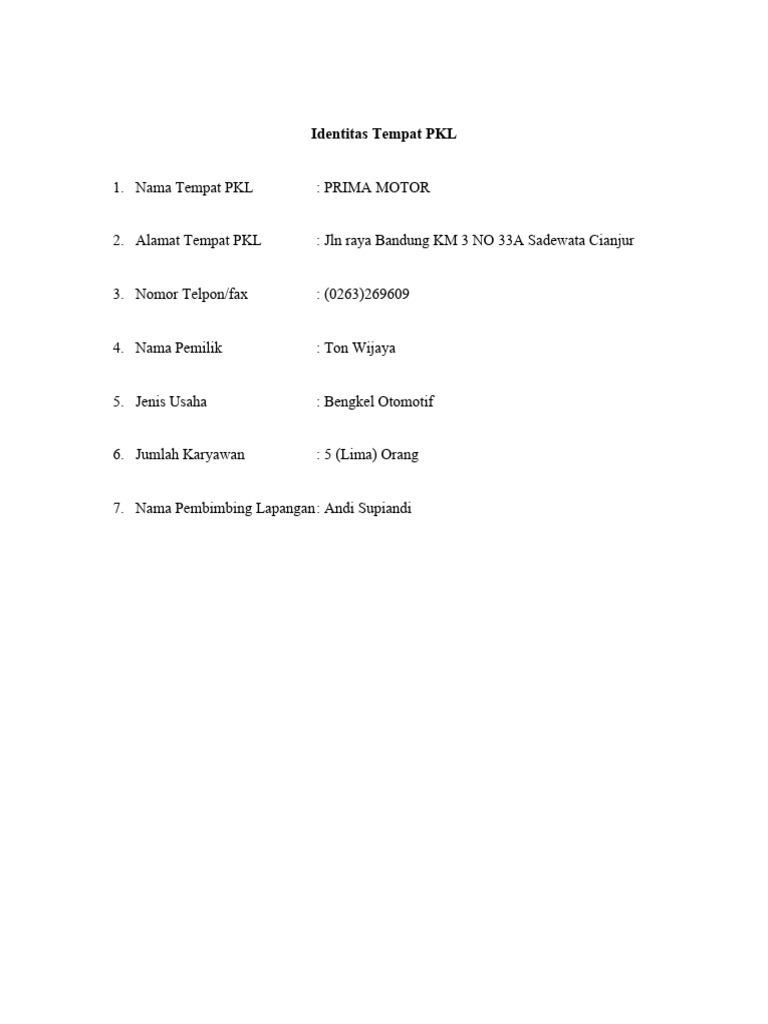 Identitas Tempat PKL | PDF | Karier & Perkembangan