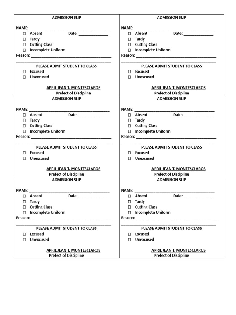 Admission Slip | PDF