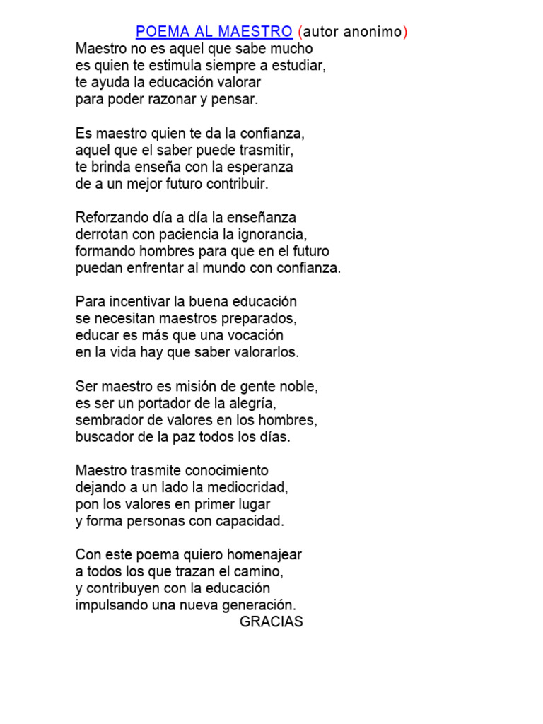 Poema homenaje al maestro anónimo | PDF | Crecimiento personal y ...