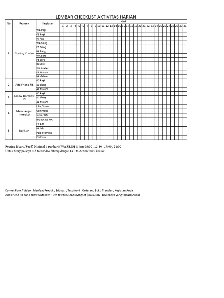 Checklist Aktivitas Harian Media Sosial | PDF