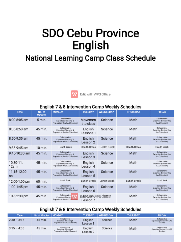 English Class Schedule of The Different Camps | PDF | Language Arts ...