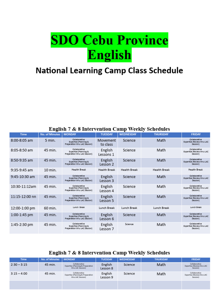 English Class Schedule of The Different Camps | PDF | Career & Growth ...